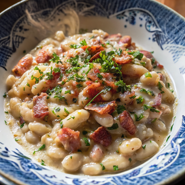 Creamy White Beans with Turkey Bacon - Visual Feast Recipe - Erin Recipes