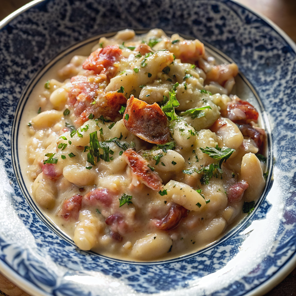 Creamy White Beans with Turkey Bacon - Visual Feast Recipe - Erin Recipes